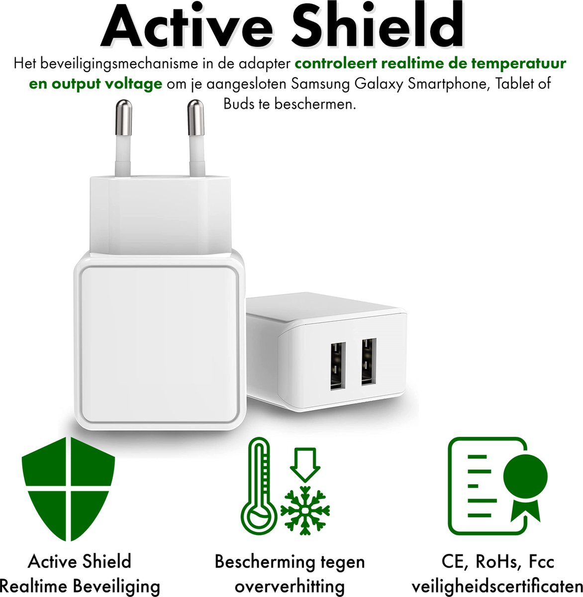 Phreeze PHR-AC54 12W USB Stekker met 2 Poorten + USB C Kabel - 2 Meter ...