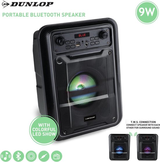 Dunlop Bluetooth Speaker - 9W - met FM-Radio en AUX/MIC Ingang - Ingang ...