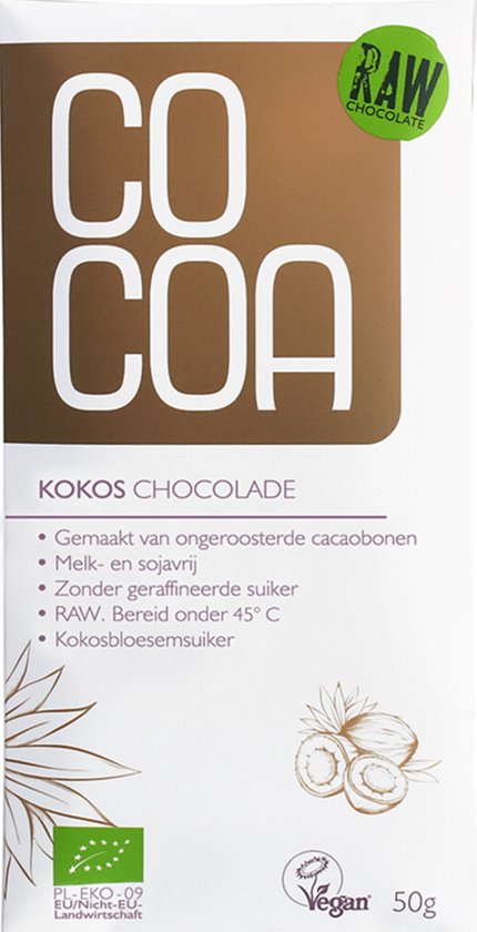 Cocoa Kokos Chocoladereep RAW 50GR | bol