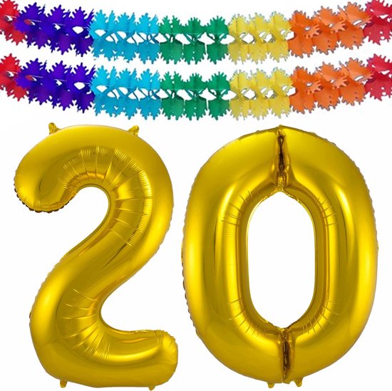 Folie ballonnen - Leeftijd cijfer 20 - goud - 86 cm - en 2x slingers | bol