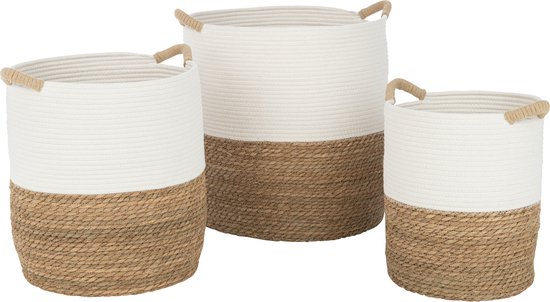 J-Line mand Rond Handvatten - textiel - wit/naturel - 3 stuks | bol
