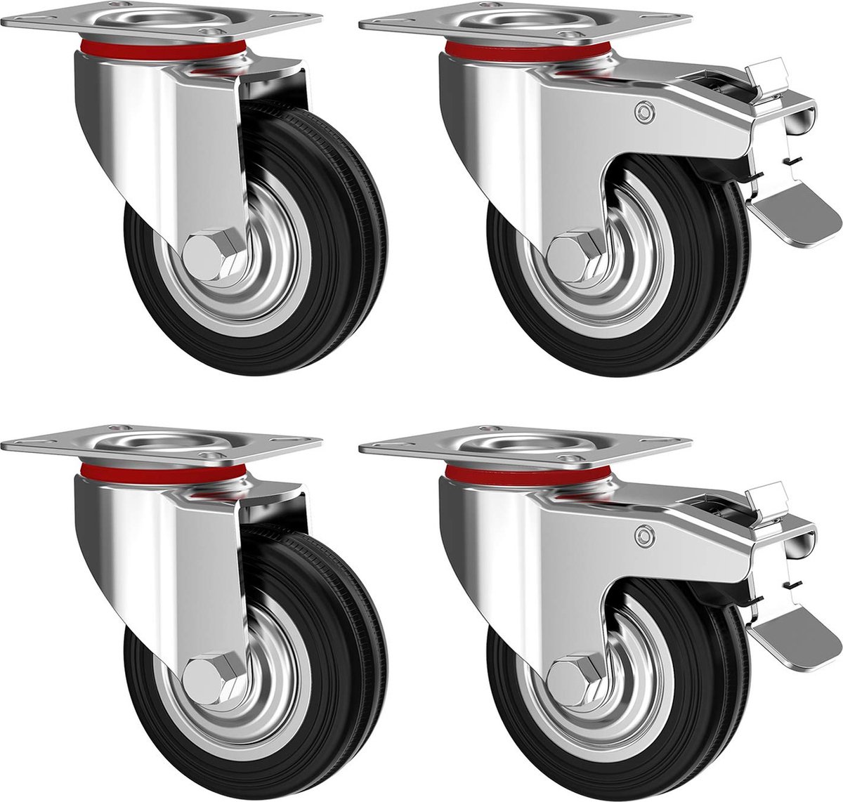 Nirox Set van 4 Zware Wielen 75 mm - Zwenkwielen met rem tot 200 kg ...