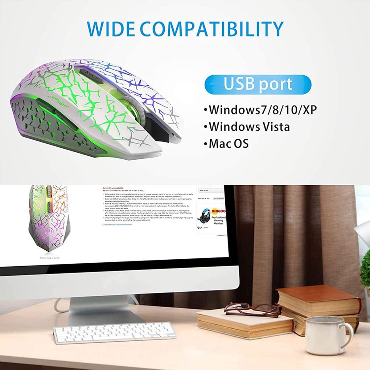 Wireless Mouse Gaming, Rechargeable LED Optical Silent Wireless ...