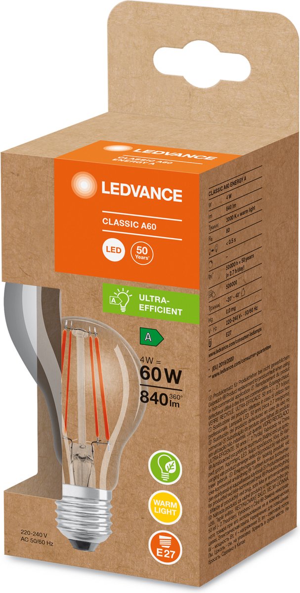 Ledvance Classic LED E27 Peer Filament Helder 4W 840lm - 830 Warm Wit | bol.com