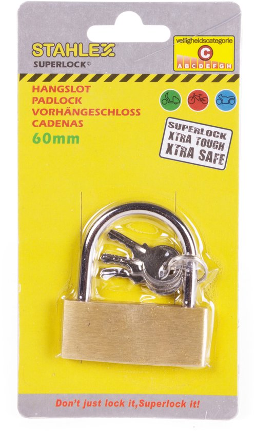 Stahlex Hangslot met 3 sleutels - 60 mm - messing - kofferslot | bol