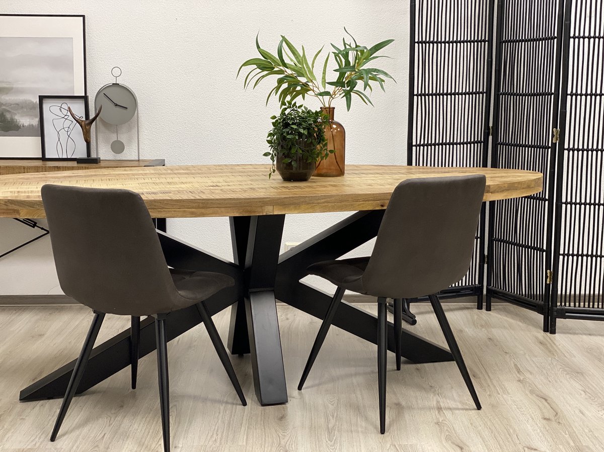 Eethoek mangohout ovaal eettafel 200cm met 4 stoelen Ivoor | bol.com