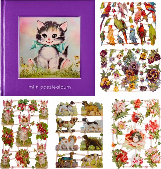 Poëziealbum - 16x16 - Paars - S7 - Poes met blauwe strik - met 5 vellen ...