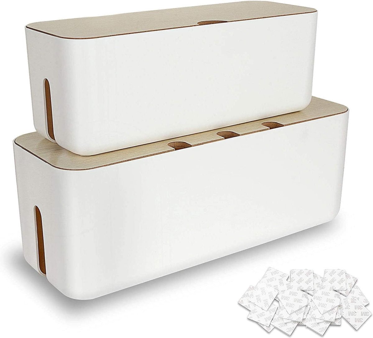 Set van 2 kabelboxen, wit, grote kabelorganizer, box met houten deksel ...