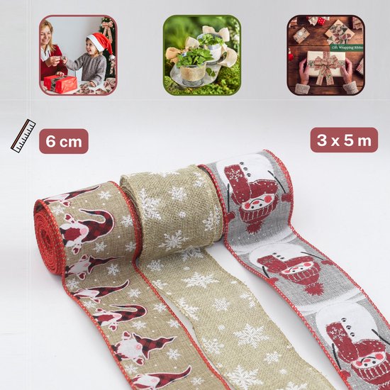 Set van 3x5 METER CHRISTMAS/KERSTMIS LINT, Breedte 6CM, Totaal 15 METER ...