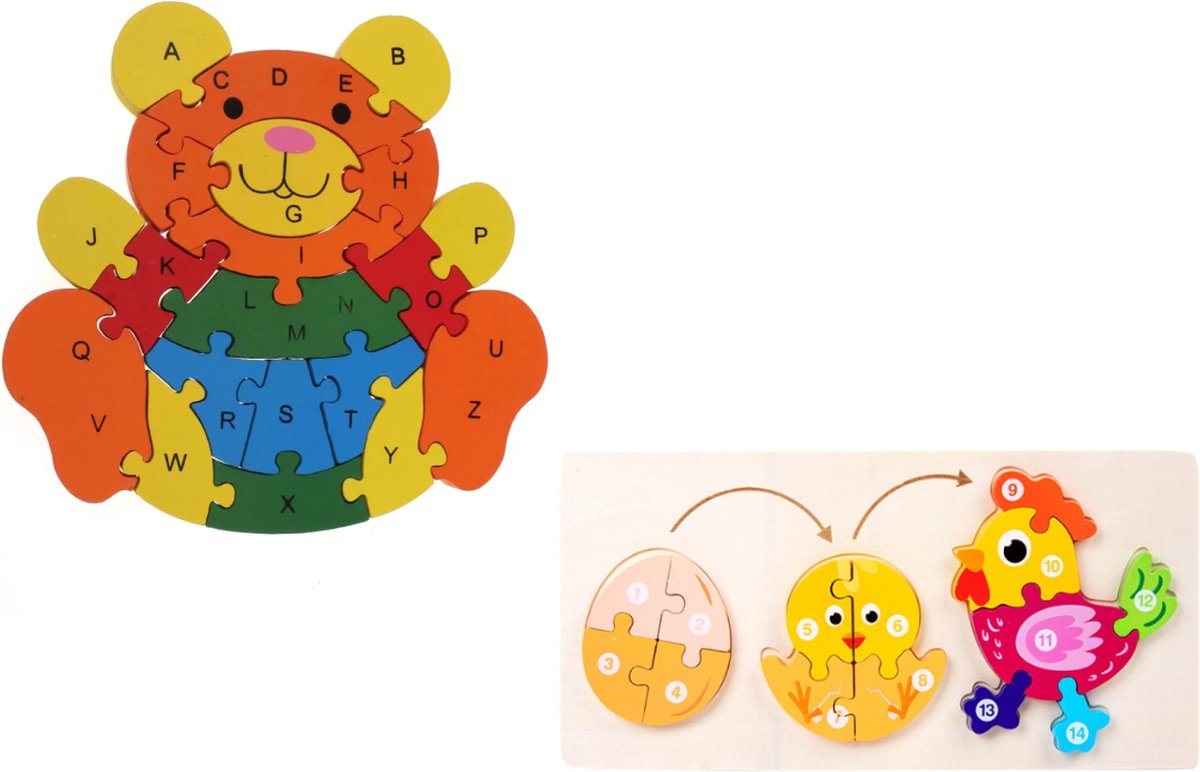 2 Houten Puzzels - Beer + Kip - Getallen en Letters Leren - Houten ...