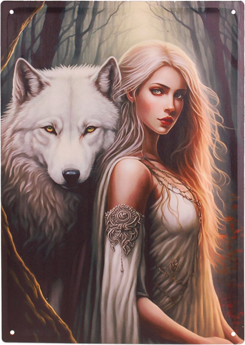 Metalen Bord reliëf - Fantasy Elf in Wit Gewaad en Witte Wolf - 40,5x28cm | bol.com