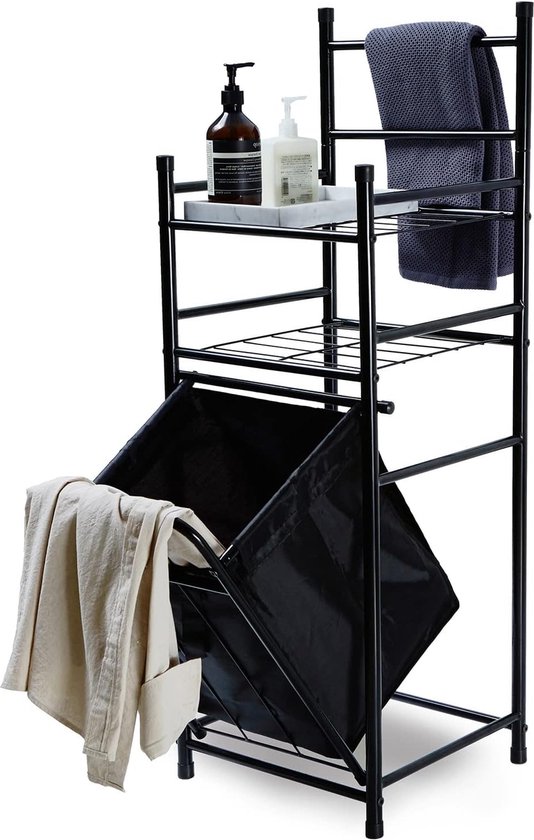 Badkamerrek van metaal met handdoekhouder en wasmand, staand rek, open ...