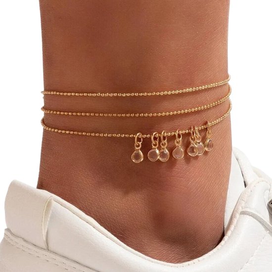 Set van 3 Enkelbandjes - Goudkleurig - 3 Stuks - Ronde Steentjes ...