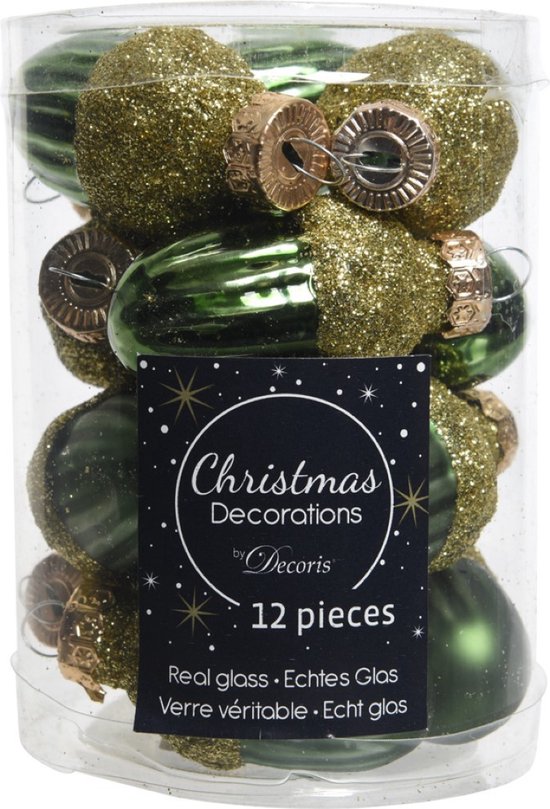 12 Glazen eikels met dop 30 x 40 mm dennen groen | bol