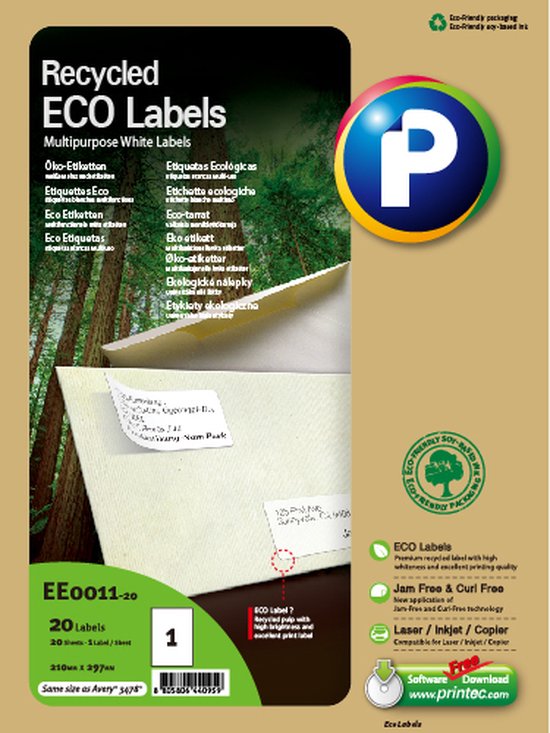 Printec recycled etiketten - 20 vel - 210x297mm - 1 label per A4 - 20 ...