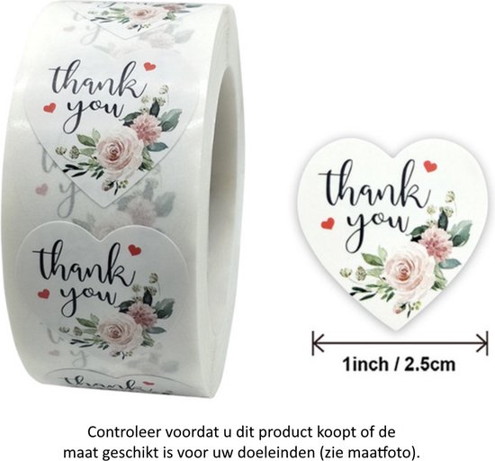 Rol met 500 kleurrijke Hartvormige Thank You stickers - 2.5 cm diameter ...