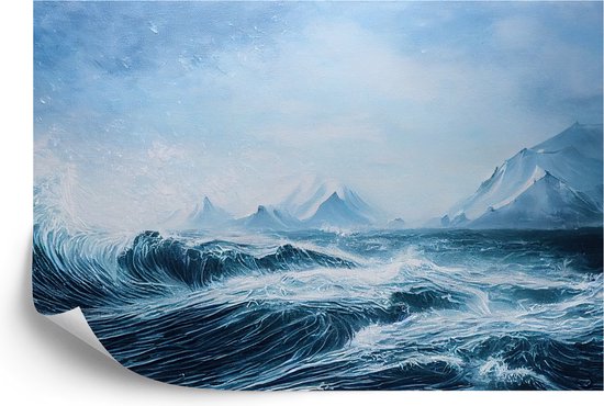 Fotobehang Abyss, Ocean Waves, Seascape Hand Drawn Oil . Blue Sea Tides ...