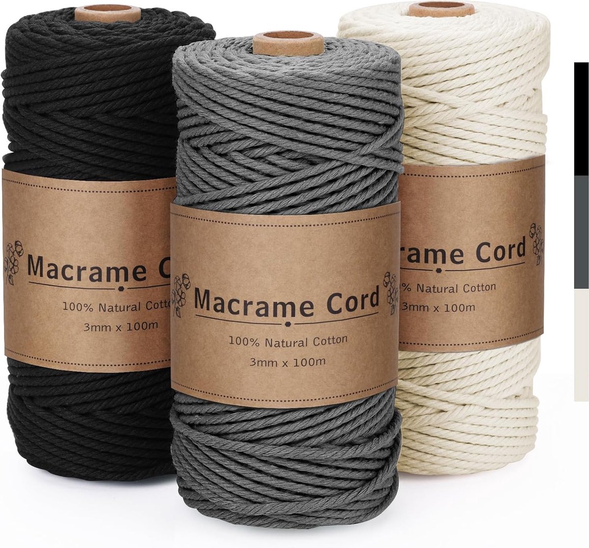 Macramégaren 3 mm x 100 m, macramégaren set, grijs, beige, zwart ...