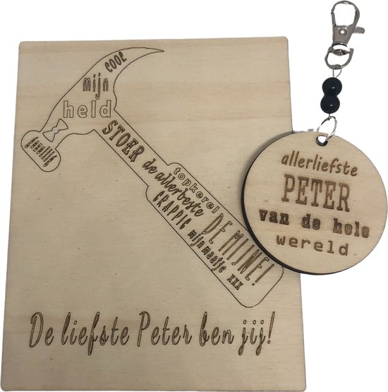 Sleutelhanger en houten kaartje liefste Peter | HAMER | peter | jij ...
