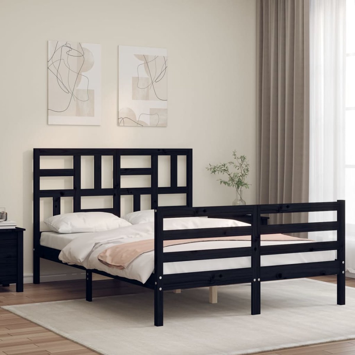 The Living Store Bedframe met hoofdbord massief hout zwart 120x200 cm ...