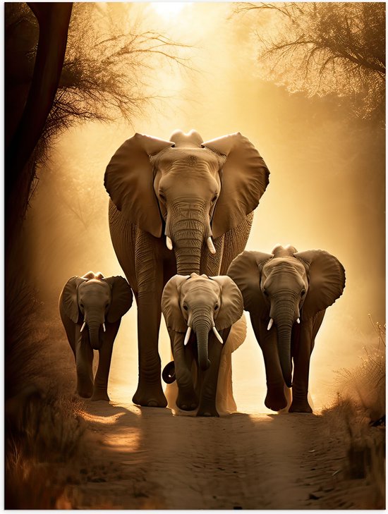 Poster (Mat) - Lopende Olifant met Drie Jongen over bospad - 60x80 cm ...