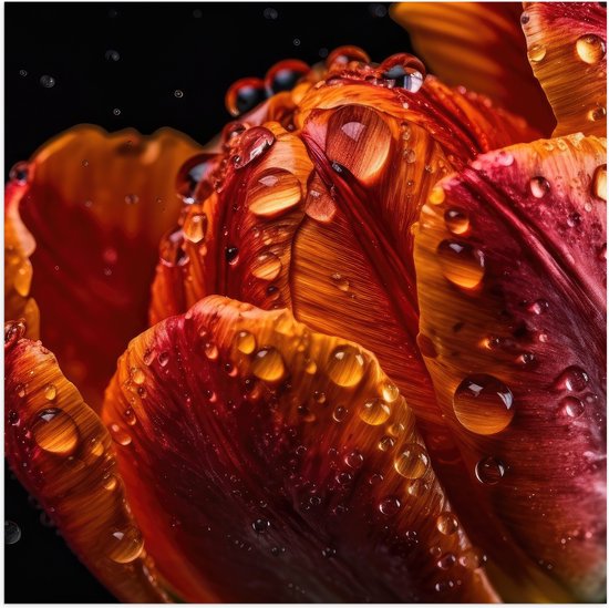 Poster (Mat) - Plas Water Vallend op Rode Roos tegen Zwarte Achtergrond ...