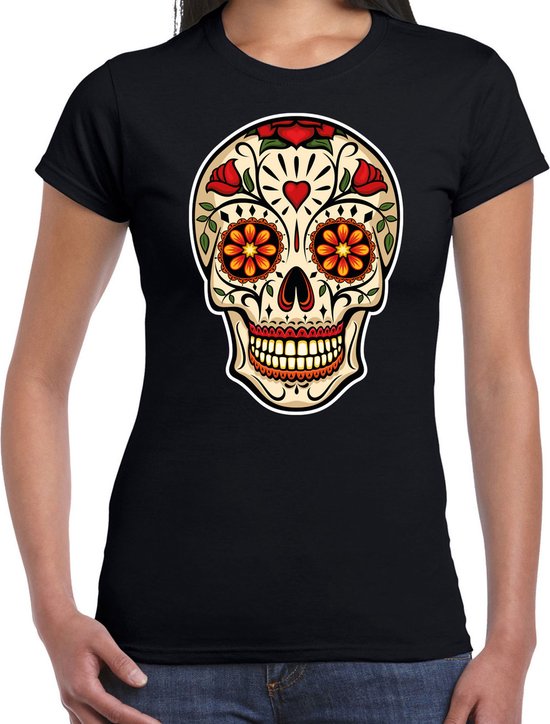 Bellatio Decorations Sugar Skull T Shirt Dames Zwart Day Of The