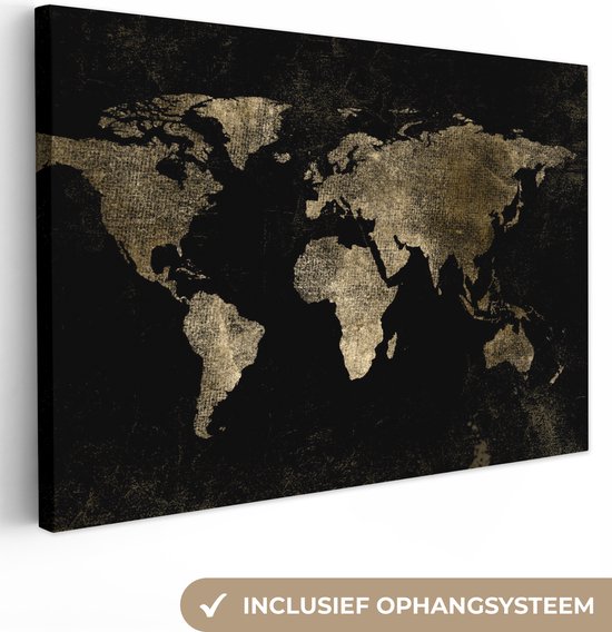 Canvas schilderij - Wereldkaart zwart en goud 140x90 - Kamer decoratie ...