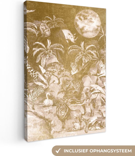 Canvas kind - Kinderkamer decoratie - Goud - Dieren - Berg - Palmbomen ...