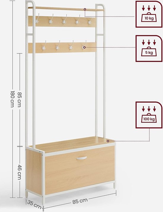 Kapstok met schoenenkast - Metalen frame - Met bankje - Wit bruin | bol
