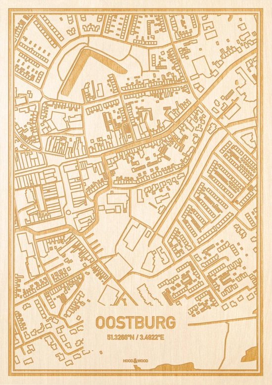 Kaart Oostburg - Gegraveerde stadskaart Hood&Wood - Hout, A4 | bol.com