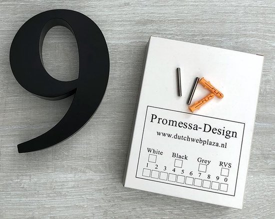 Huisnummer 9 RVS Zwart 3D Groot - Hoogte 20 cm - Dikte 3 cm - Promessa ...