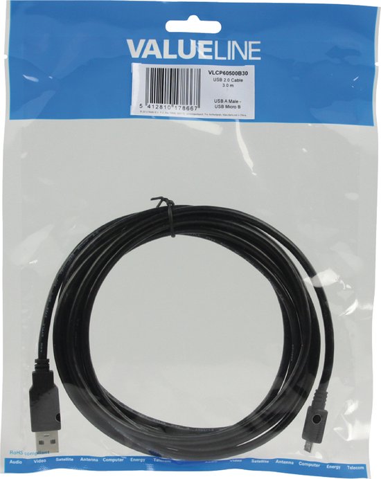 Micro USB kabel 3 Meter Zwart | bol