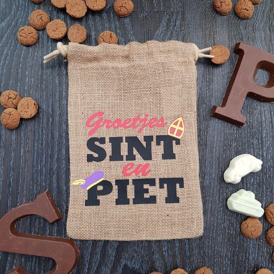 Sinterklaas jute pepernoten zakje met de tekst "Groetjes Sint en Piet ...