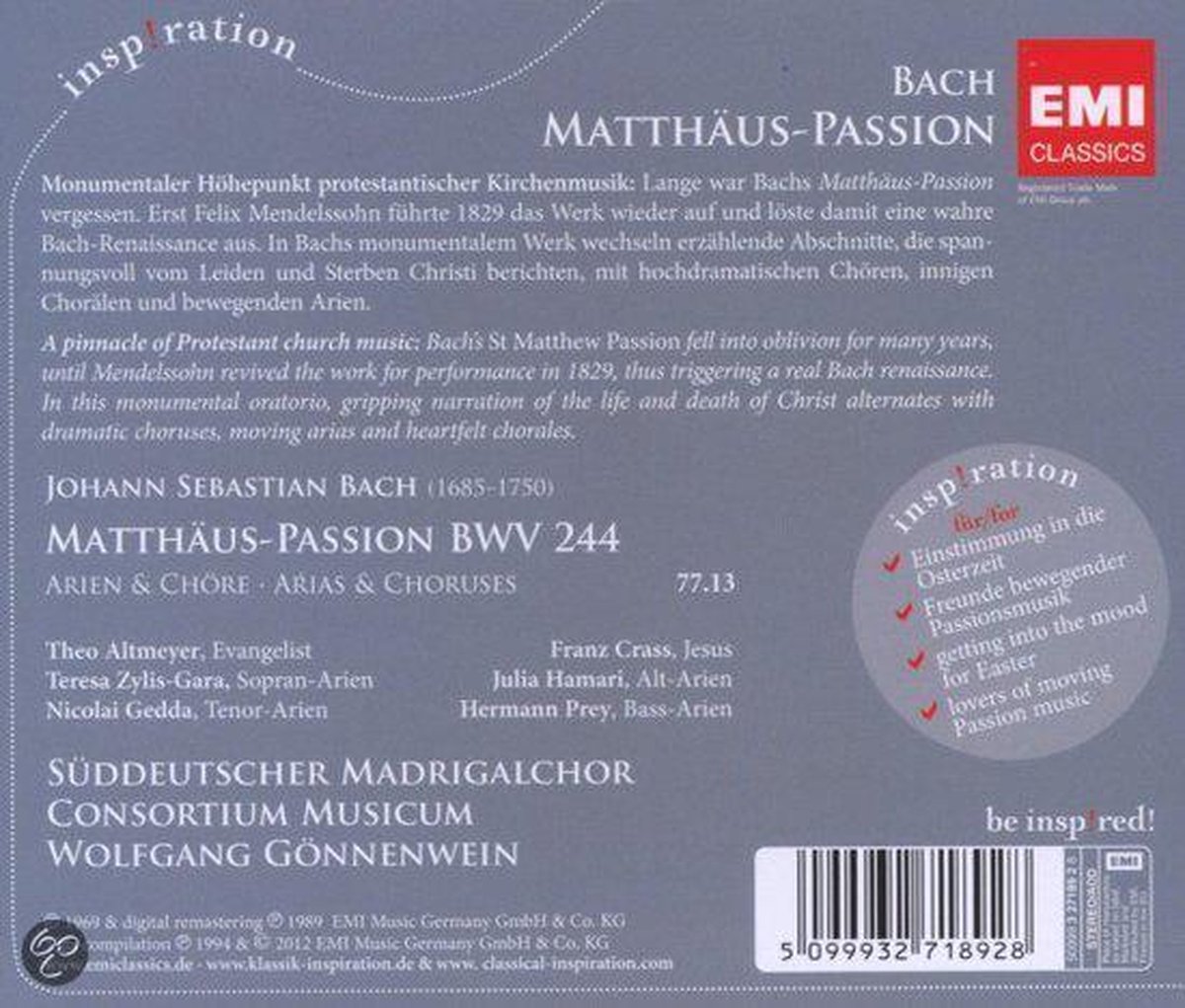 J.S. Bach: Matthaus-Passion, Wolfgang Gönnenwein | CD (album) | Muziek | bol.com
