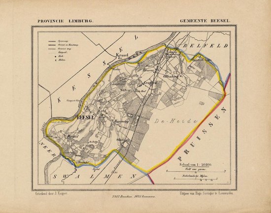 Historische kaart, plattegrond van gemeente Beesel in Limburg uit 1867 ...