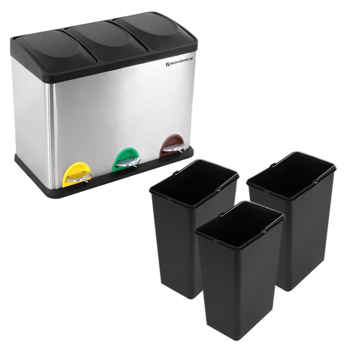Songmics Triple Waste Bin Inox - Poubelle à pédale - 3x 15L - Poubelles ...