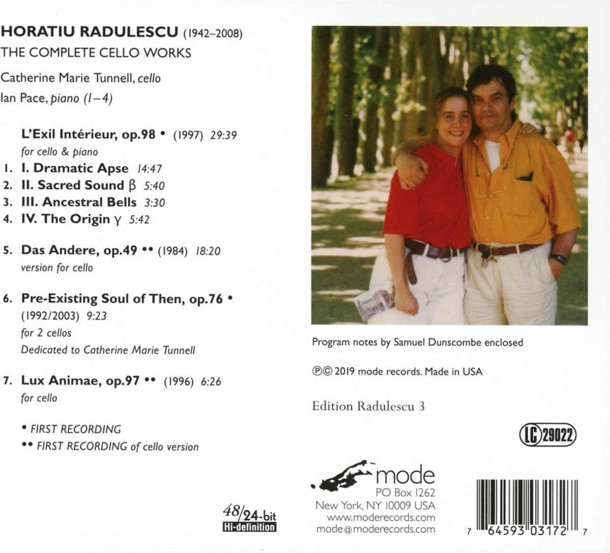 Catherine Marie & Ian Pace Tunnell - Horatiu Radulescu: Works For Cello ...