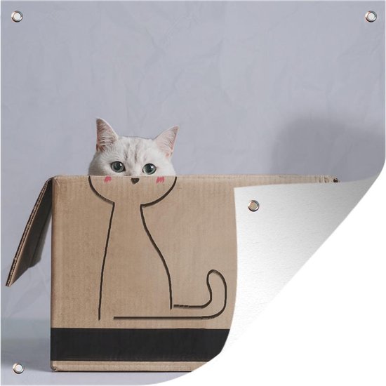 Tuin poster Kat in kartonnen doos met daarop getekend lichaam van kat ...