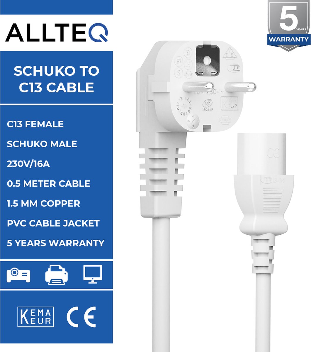 C13 apparaatsnoer - Wit - 0.5 meter - Haaks - Allteq | bol.com