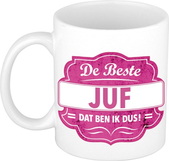 De beste juf dat ben ik dus cadeau koffiemok / theebeker roze embleem 300 ml -... | bol