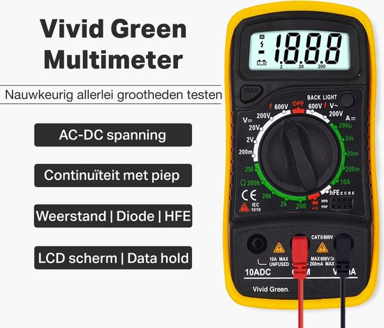 Vivid Green® Digitale Multimeter inclusief Stroomkabels – Digitaal ...