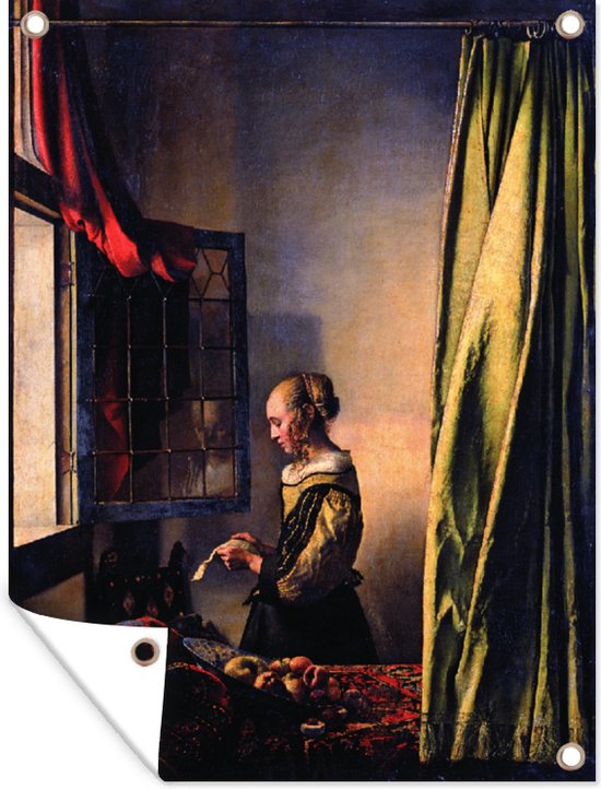 Tableau de jardin Jeune fille lisant une lettre près de la fenêtre ...
