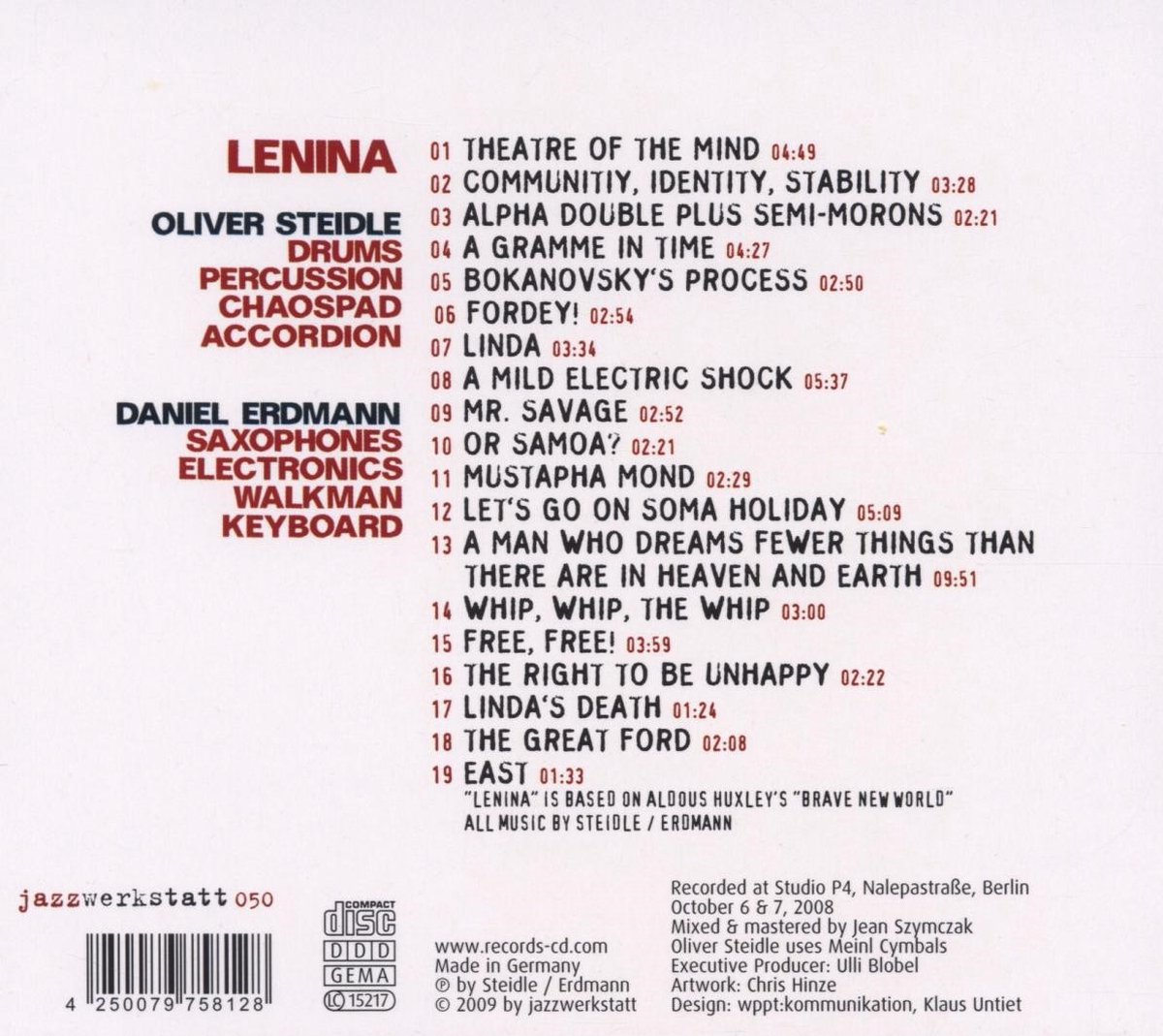 Daniel Erdmann & Oliver Steidle - Lenina (CD), Oliver Steidle | CD ...