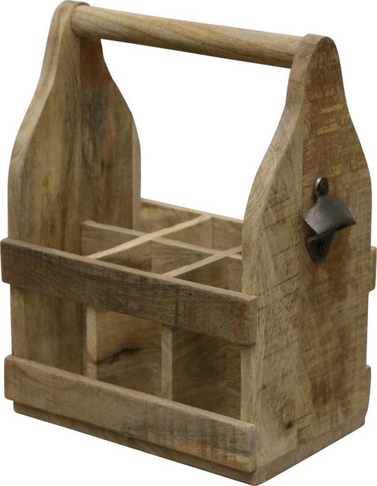 Raw Materials Vintage Mangowood Flessenkrat met opener - 6 vakken ...