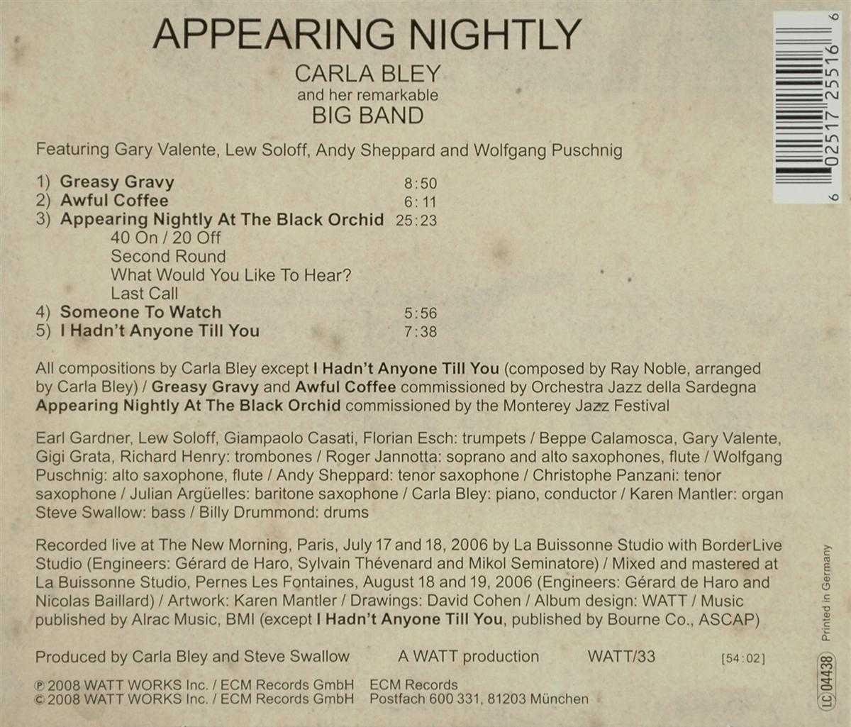 Carla Bley and her remarkable Big Band - Appearing Nightly (CD), Carla ...