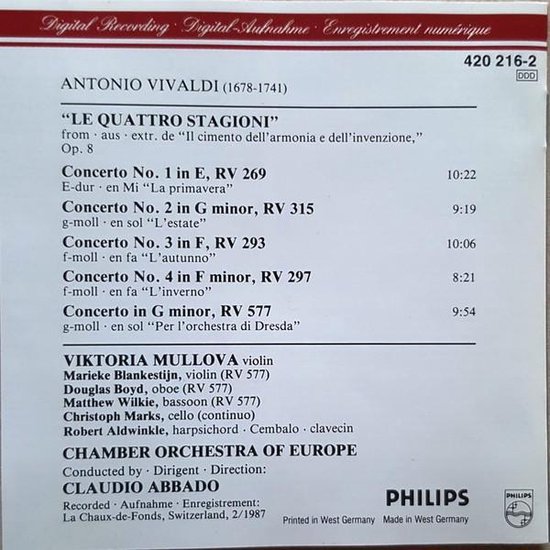 Vivaldi: Le Quattro Stagioni / Mullova, Abbado, Claudio Abbado | CD ...
