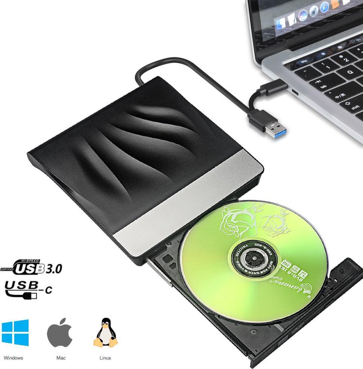 Externe DVD / CD speler en brander voor laptop - Zwart - USB-A en USB-C ...