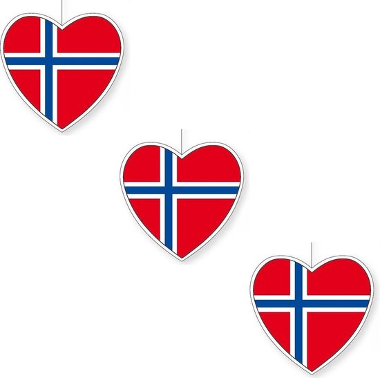 Set van 3x stuks hangdecoraties hartjes Noorwegen 14 cm - Noorse vlag ...