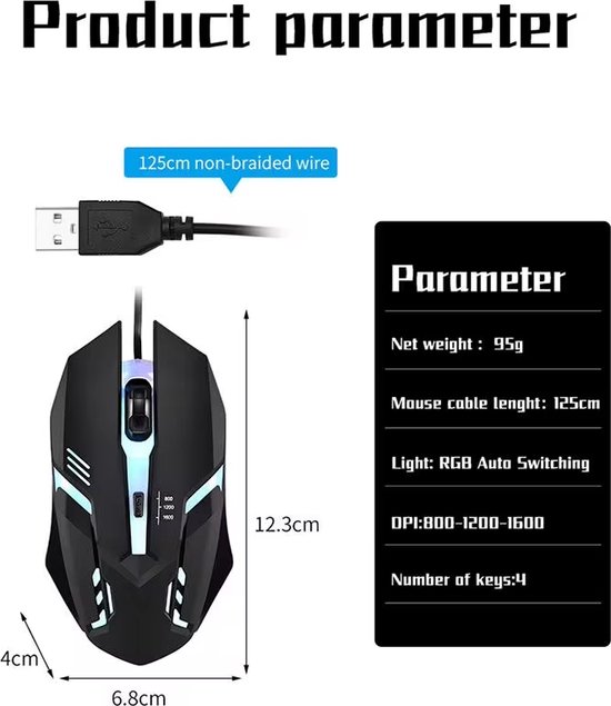 Bedrade Gaming Muis - Ergonomische USB muis - RGB - 1600 DPI - Zwart | bol